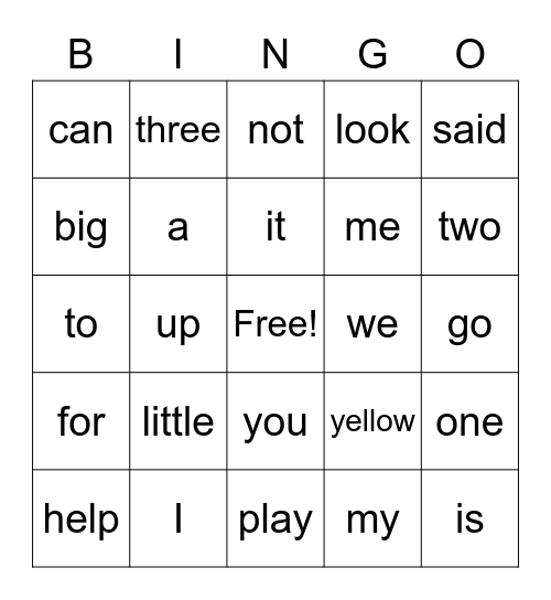 Pre-Primer Sight Words Bingo Card
