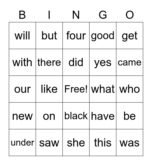 Primer Sight Words Bingo Card