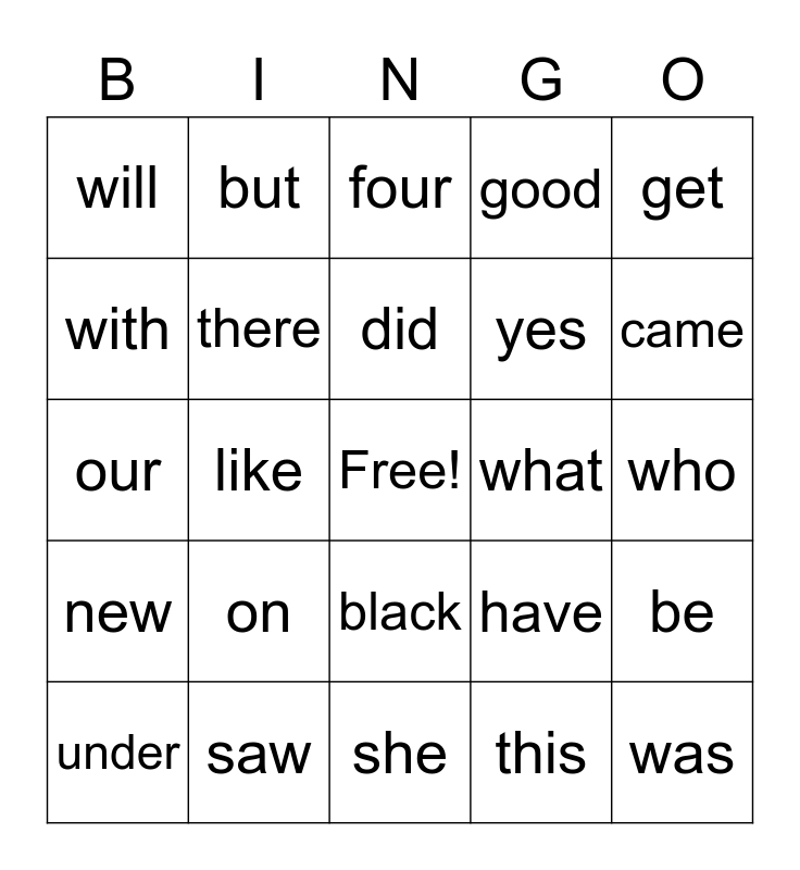 Primer Sight Words Bingo Card