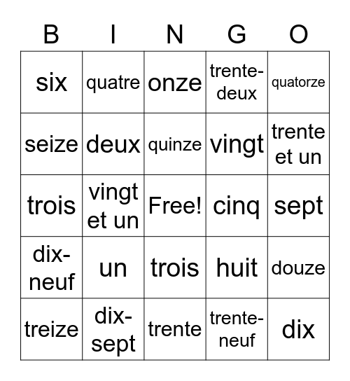 Les Chiffres 1 - 31 Bingo Card