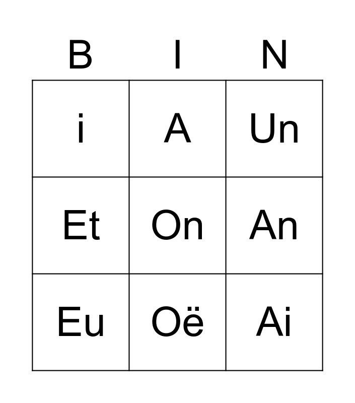 Bingo des voyelles Bingo Card