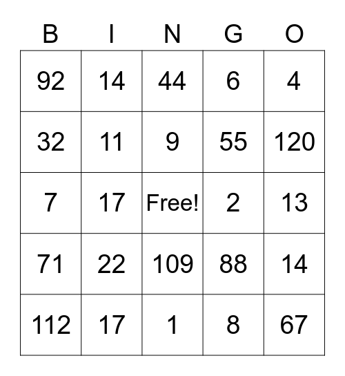 Number Bingo Card