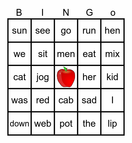 High frequency words 1-10 + CVC Bingo Card