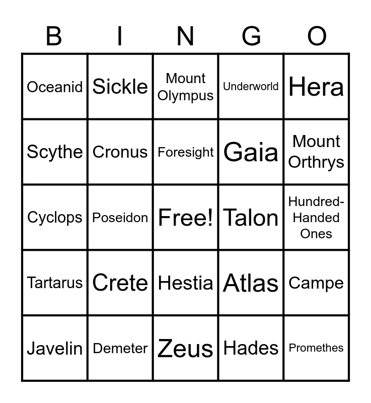 Greek Gods Bingo Card