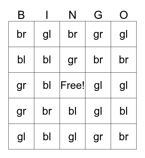 Bl, Br, Gr and Gl Blends Bingo Card