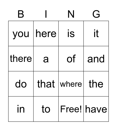 Sight Word Bingo Card