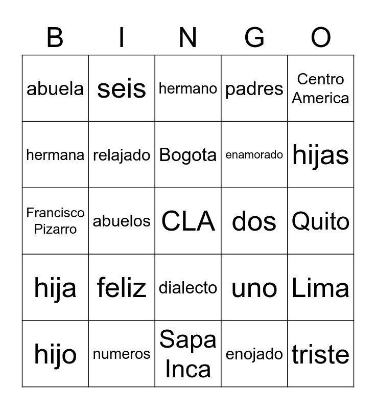 Spanish 1 Bingo Card