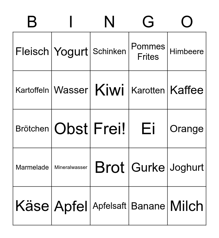 Lebensmittel Bingo Card
