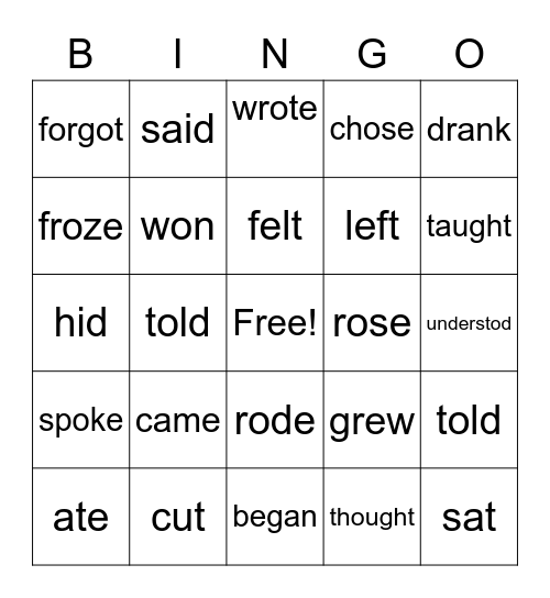 Irregular Verbs Bingo Card