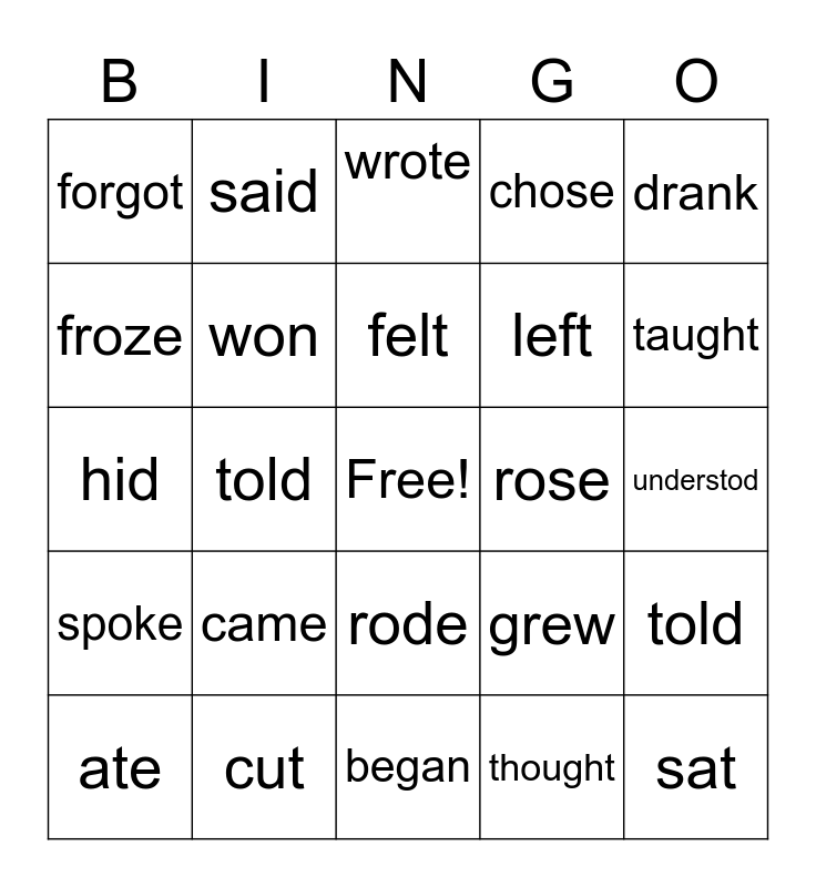 Irregular Verbs Bingo Card