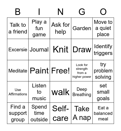 Healthy Coping Bingo Card