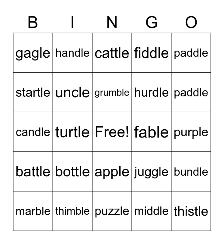Consonant le - Closed/R-con syllables Bingo Card