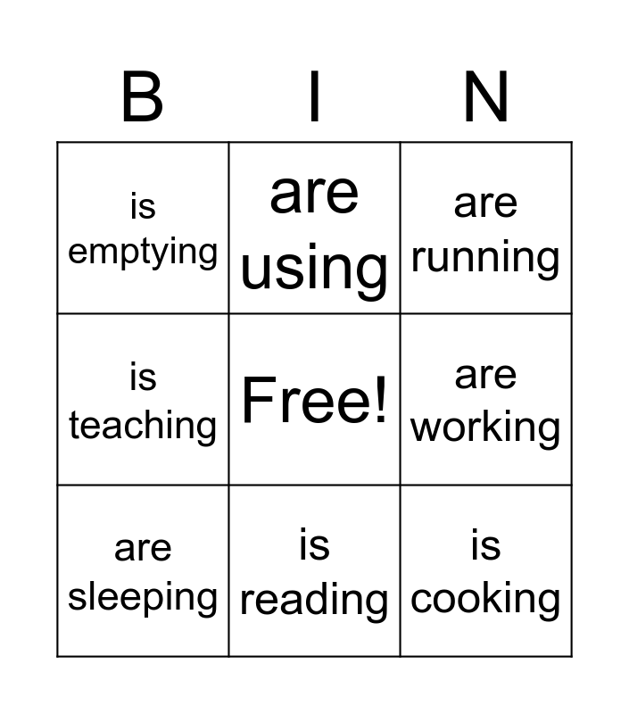 Present continuous tense Bingo Card