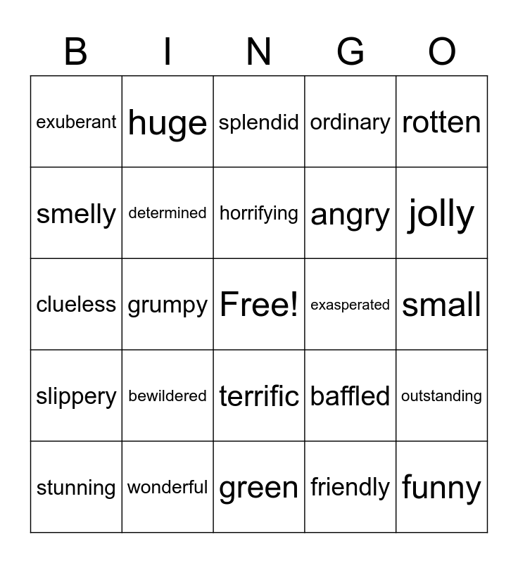 Adjective Bingo Card