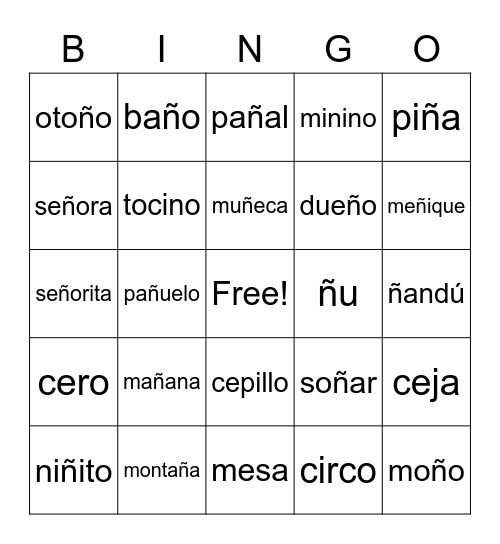 Palabras con ñ Bingo Card