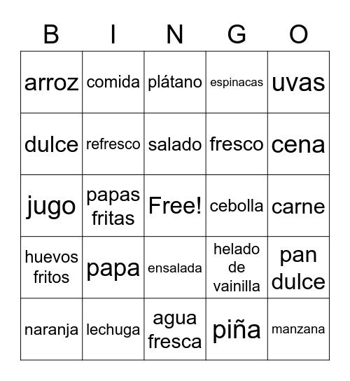 Unit 4 Bingo_Spanish 1-2 Bingo Card