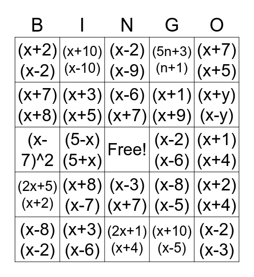 Factoring Bingo Card
