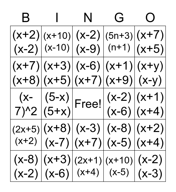 Factoring Bingo Card