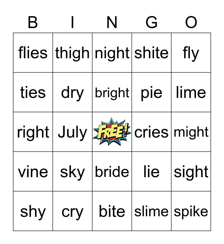 Long i (i_e, igh, y) Bingo Card