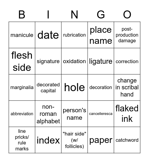 Medieval Manuscript Bingo Card