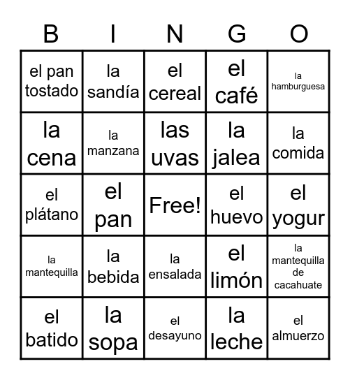 la comida Bingo Card