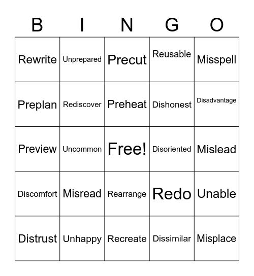 Prefix Bingo Card
