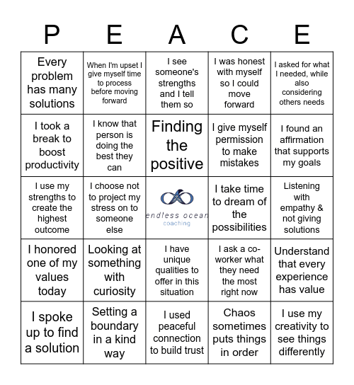 Find The Peace of Less Stress Bingo Card