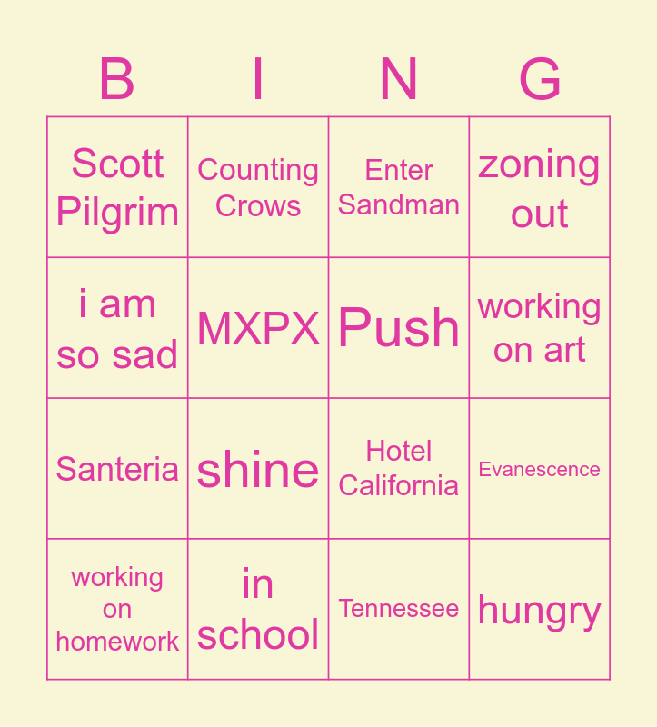 evil face playlist bingo Card
