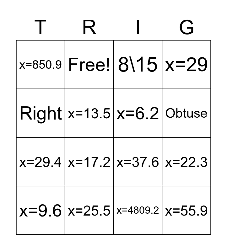 Geo Unit 8: Right Triangles & Trigonometry Bingo Card