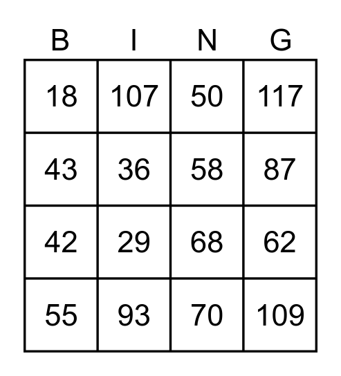 Numbers to 120 Bingo Card