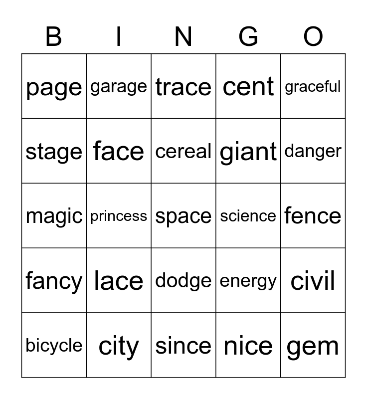 Soft c and Soft g Bingo Card