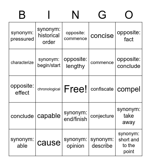 English Vocab BINGO Card English Vocab BINGO Card