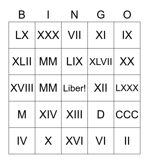 Roman Numerals Bingo Card