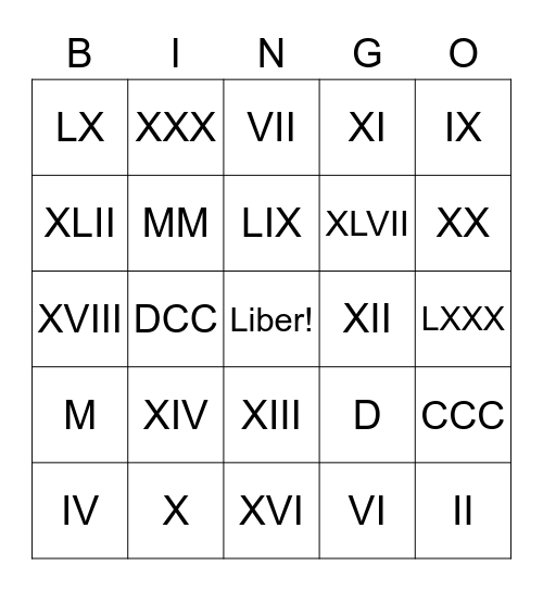Roman Numerals Bingo Card