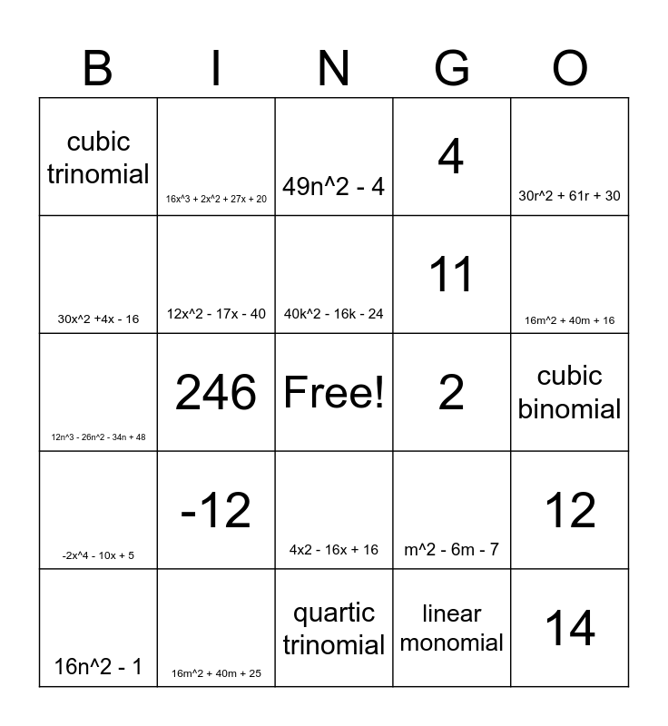 Polynomial Review Bingo Card
