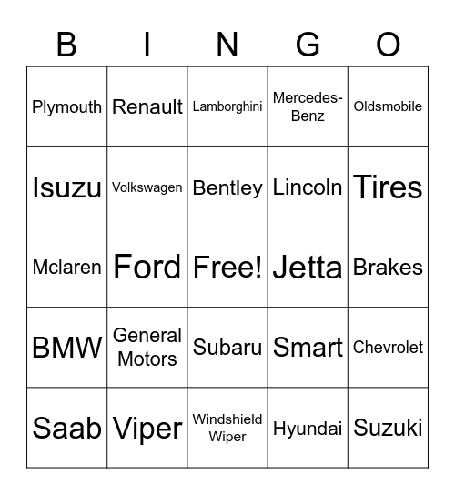 Car Bingo Card