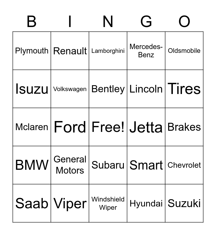 Car Bingo Card