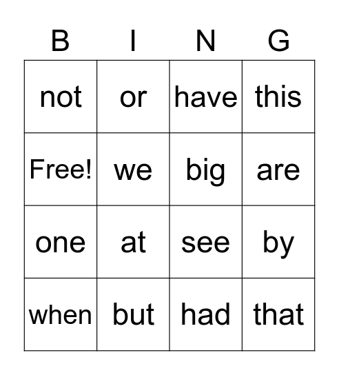 Sight Word Bingo Card
