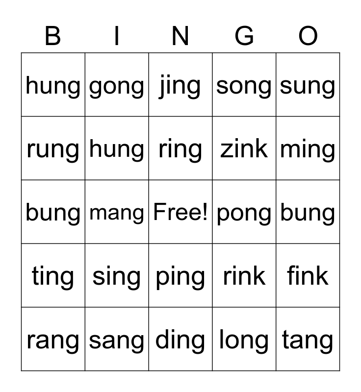 ing, ang, ung, ong Bingo Card