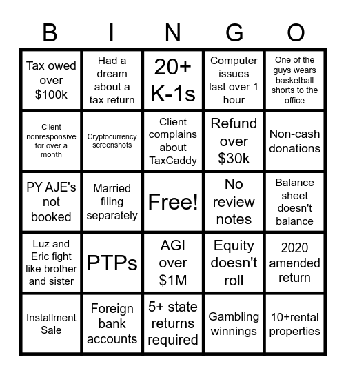 Tax Season Bingo Card