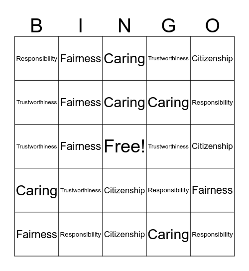 Character Counts Bingo Card