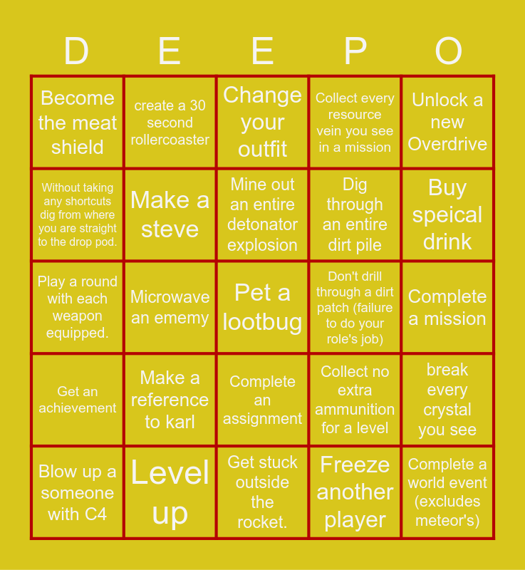 Driller DeepRock Bingo Card