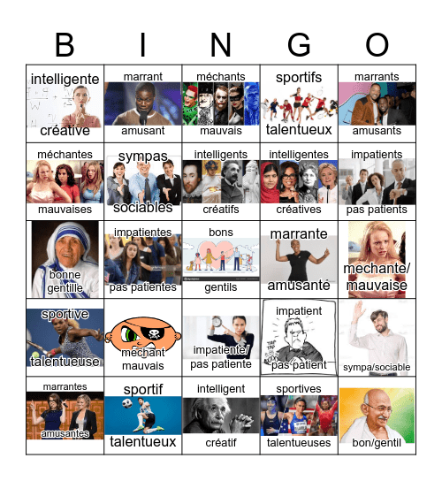Adjectives French Bingo Personality Vers 1 Bingo Card