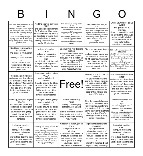 Deskercise Bingo Card