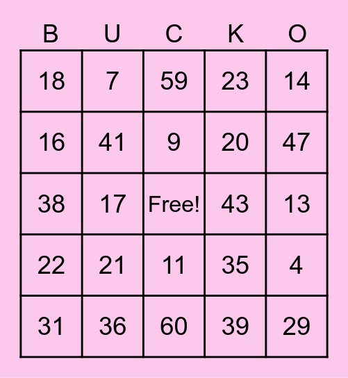 Number 1-66 Bingo Card