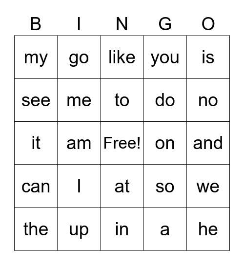 Sight Word Bingo Card