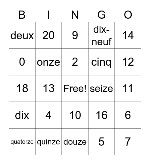 Les numéros 0-20 Bingo Card