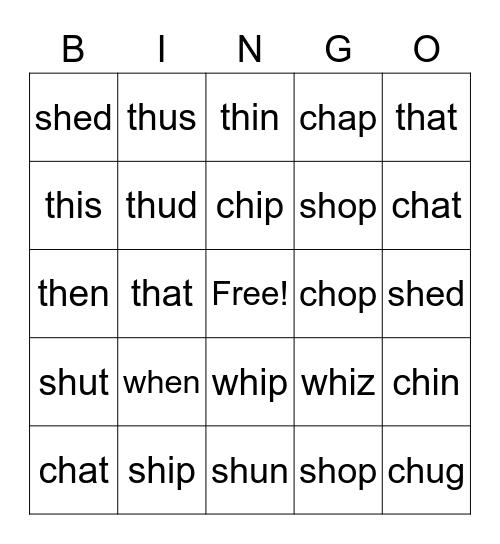 Consonant Digraphs Bingo Card