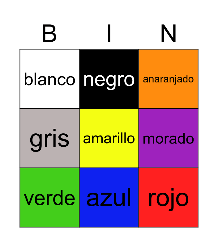 Los colores Bingo Card