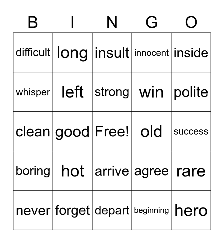 Antonym Bingo Card